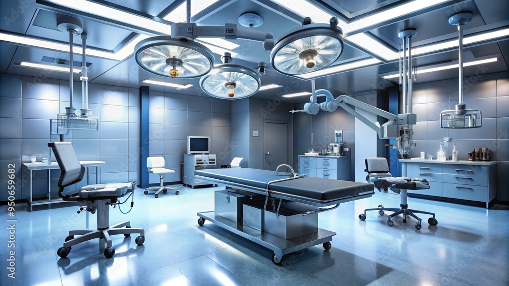 Sterile hospital operating room with sleek metal equipment, bright ...