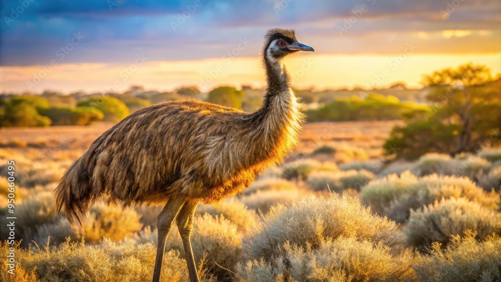 Large, soft-feathered emu bird stands tall on sun-drenched Australian ...