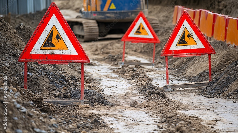 Safety barriers and warning signs around an excavation site on a ...