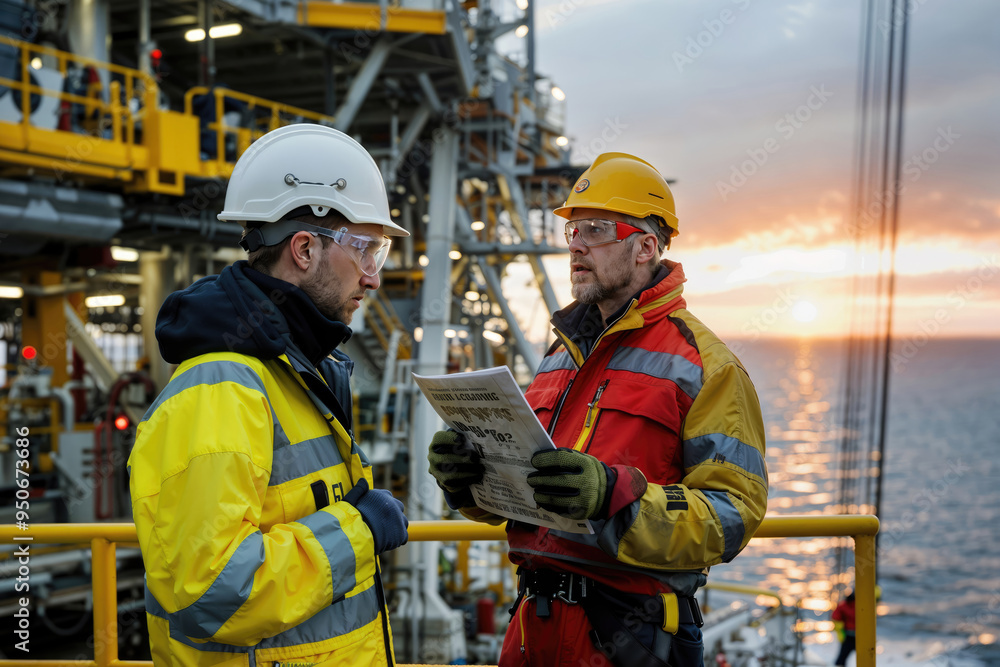 Offshore oil rig workers discussing technical documentation Stock Photo ...