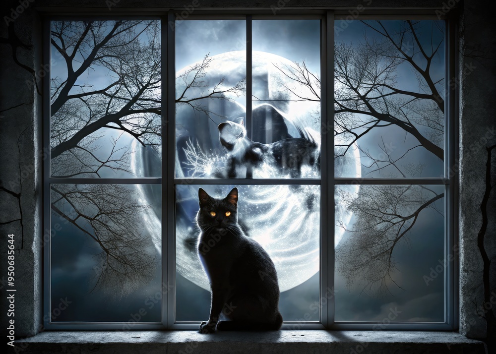 Ominous black cat silhouette looms large in a dimly lit, cobweb-covered ...