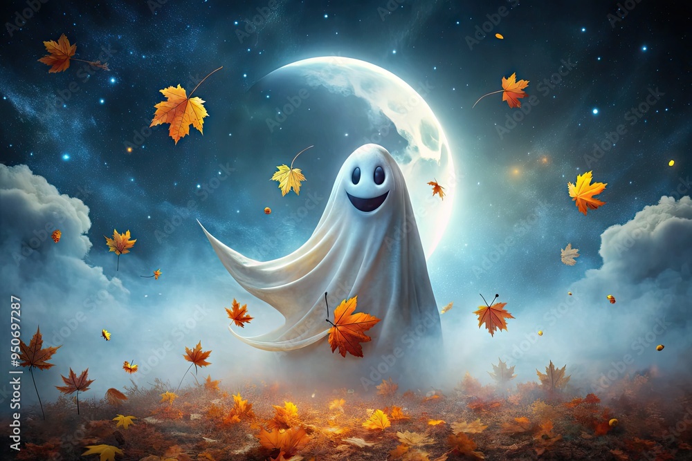 Spooky transparent ghost figure with glowing eyes and a mischievous ...