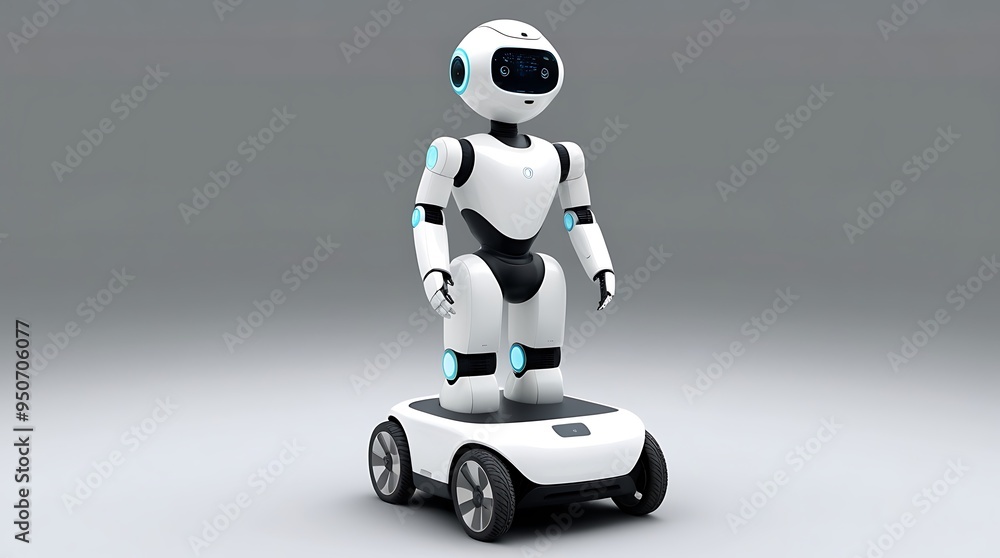 white humanoid robot with a round head and a screen for a face ...