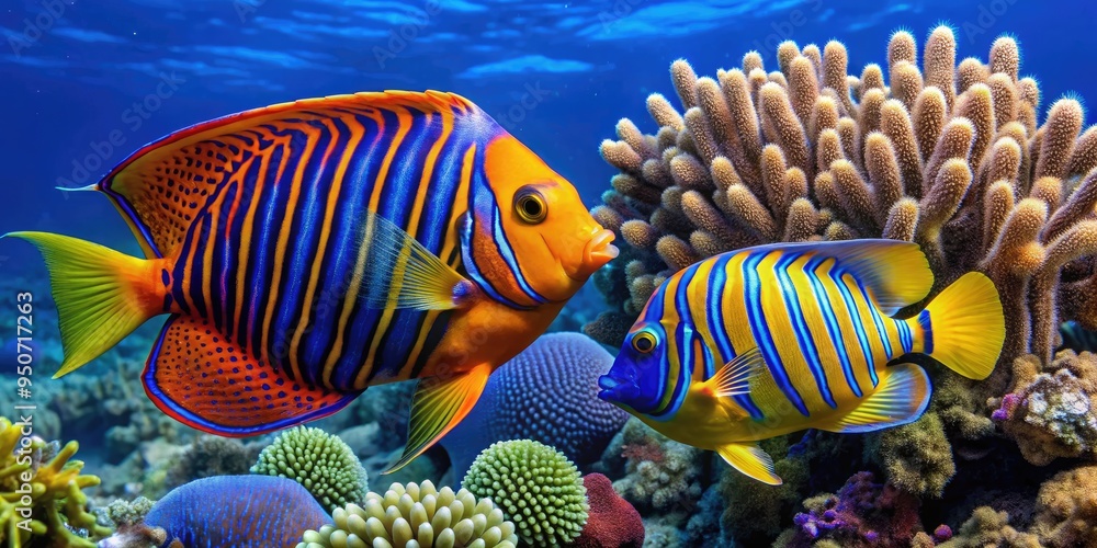 Vibrant orange and blue striped angelfish swim alongside a regal queen ...
