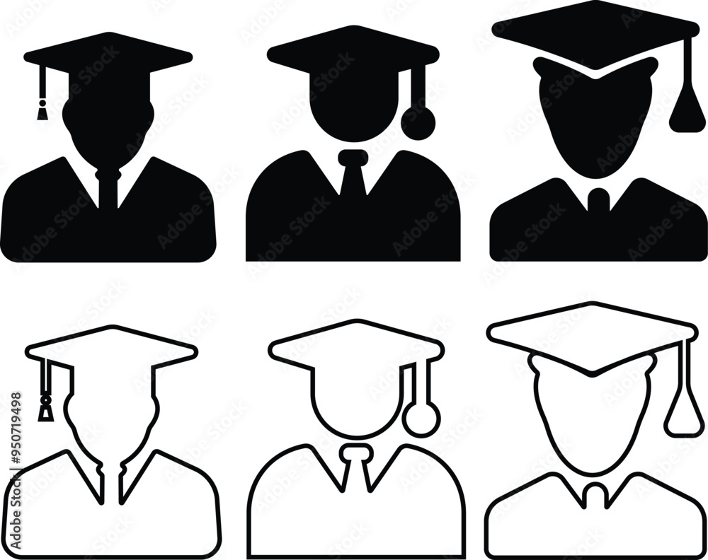 Graduated student with cap hat icon in flat and line set version ...