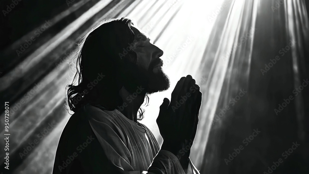 Jesus Christ praying in divine rays of heavenly light, symbolizing ...