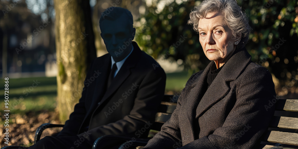 Old woman sits on a park bench next to a shadowy ghost of a man ...