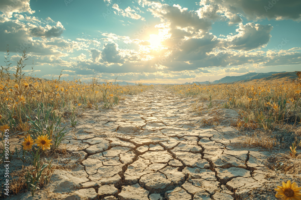 A desolate landscape with cracked earth and stunted vegetation ...