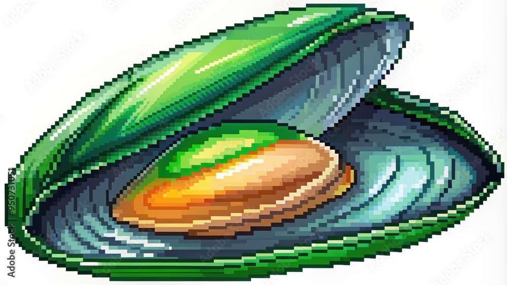 Detailed pixel art of a greenlipped mussel, pixel art, greenlipped ...