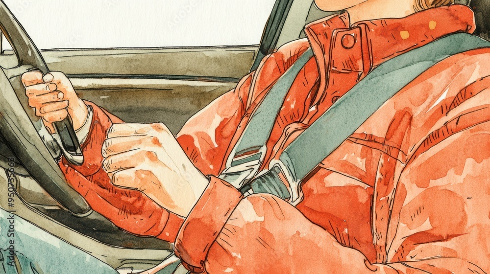 Illustrated scene of a person driving safely in a car with a seatbelt ...
