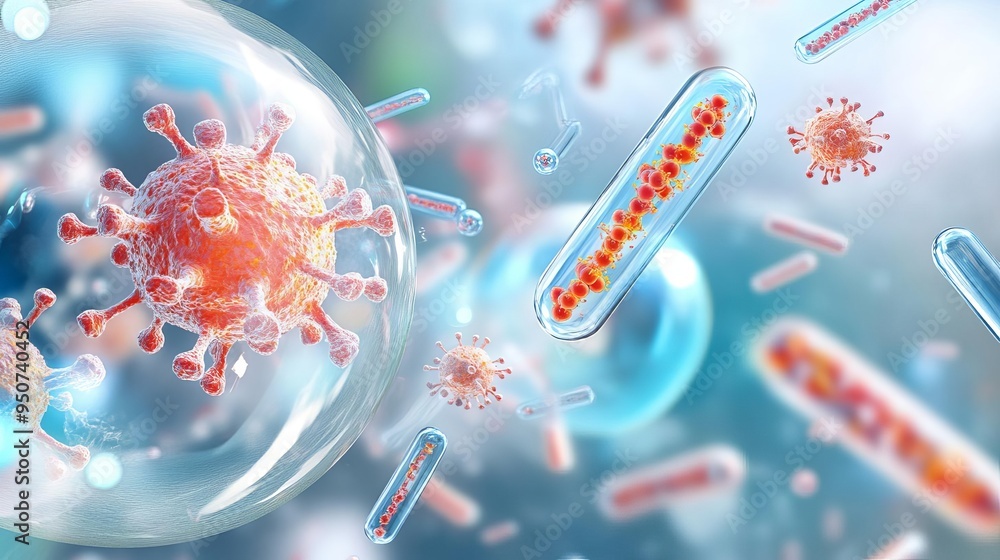 A highdetail image of bacterial growth on a cell, with clear visual of ...