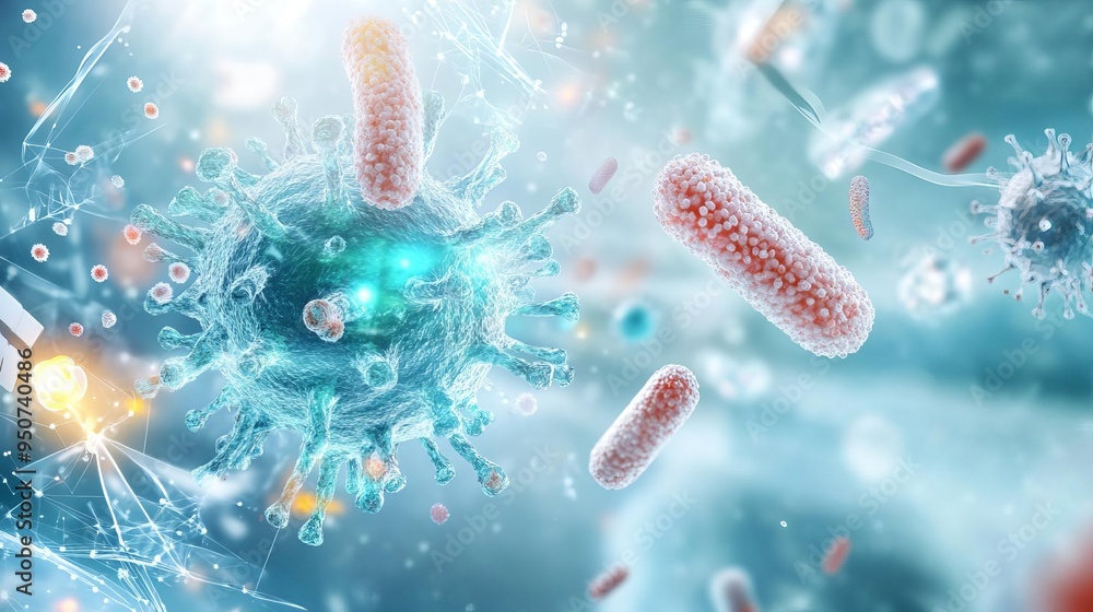 A highdetail image of bacterial growth on a cell, with clear visual of ...