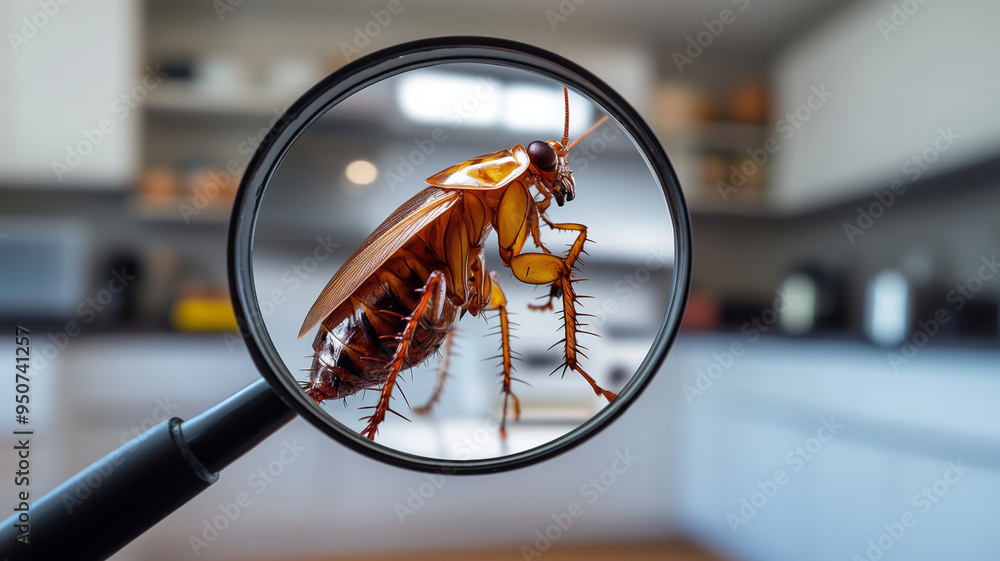 Cockroaches under a magnifying glass with a white kitchen in the ...