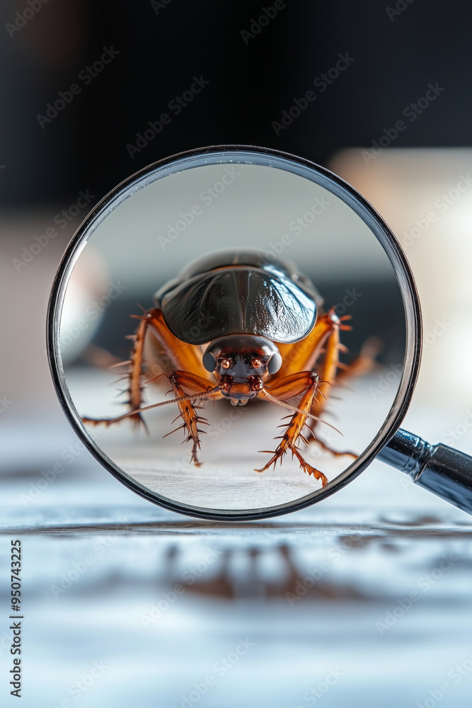 Cockroaches under a magnifying glass with a white kitchen in the ...