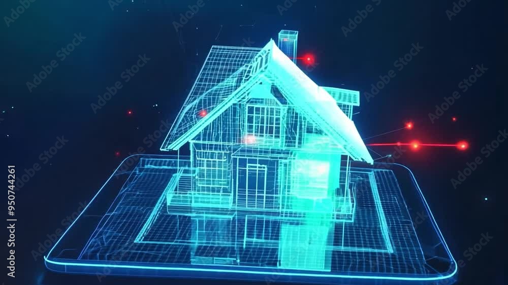 A futuristic design displays a wireframe house overlaid on a digital ...