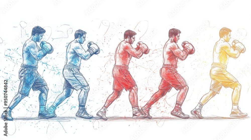 Dynamic illustration showing a male boxer practicing punches in a ...