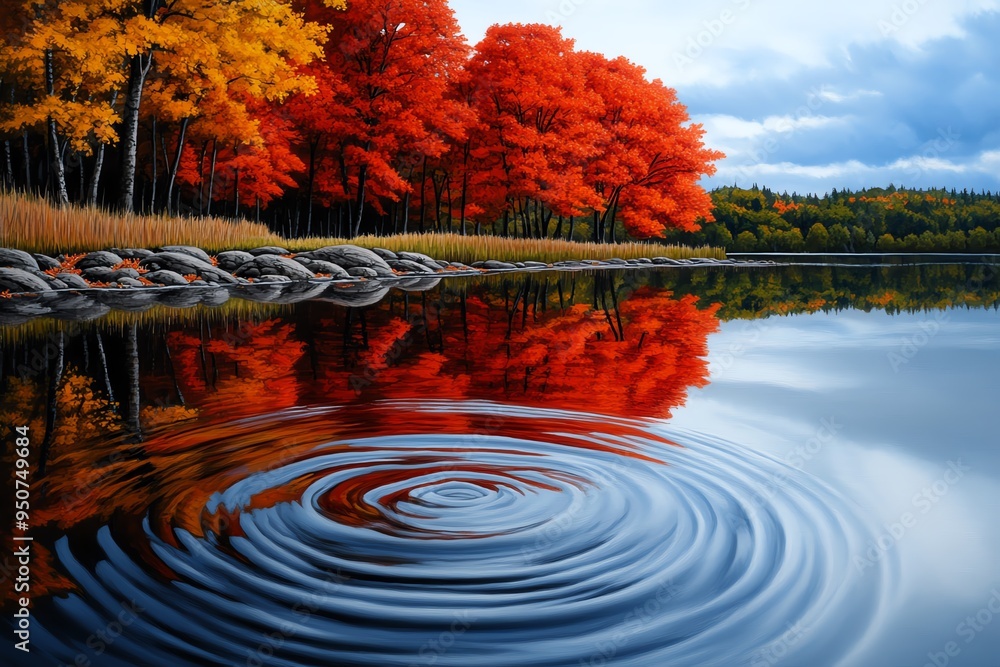 Autumn reflection in a calm river, depicted in an artwork where the ...