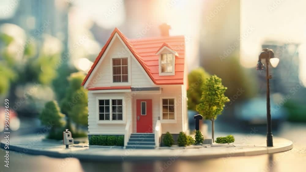 A detailed model of a small house prominently displays its red roof and ...