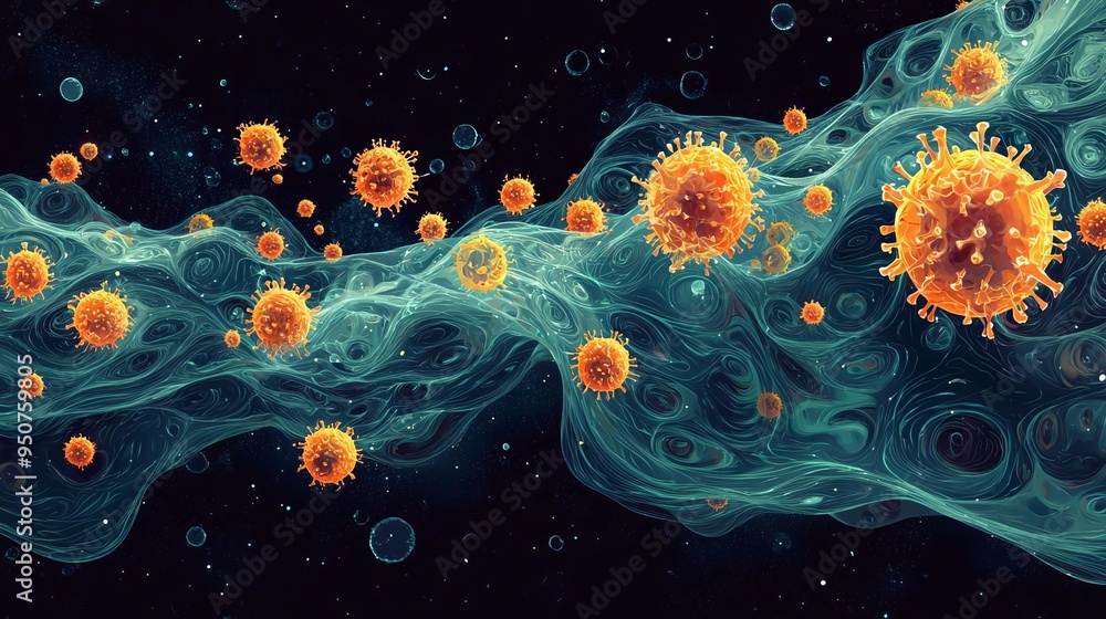 An abstract depiction of the spread of a virus, with a focus on the ...