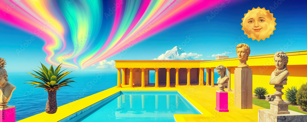 Surreal architecture, bizarre collage, outdoor pool of a opulent ...