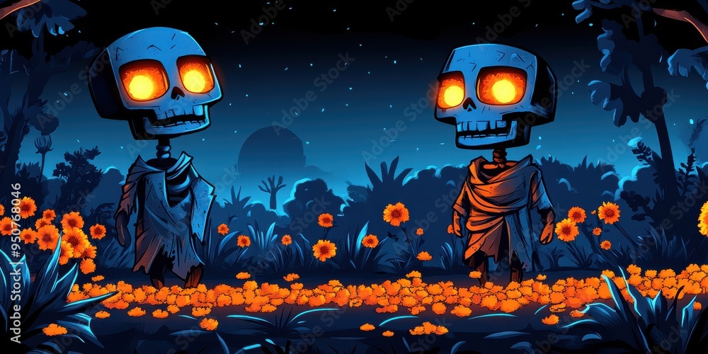 Colorful Night Scene of Animated Skeletons with Glowing Eyes in a ...