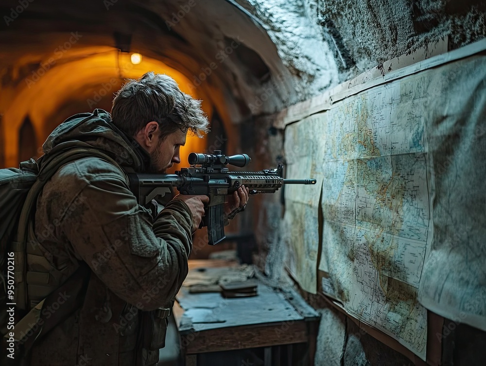 Deep within an underground secret base, an agent with a sniper rifle ...