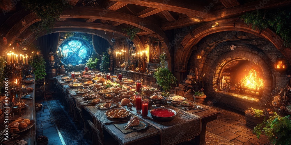 Cozy Medieval Dining Hall with Long Table Set for Feast near Warm ...