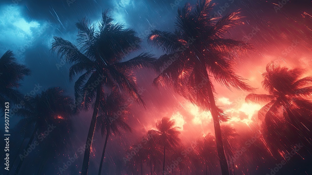Gale-force winds bending digital palm trees during a tropical storm ...