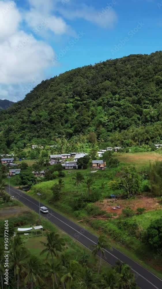 Aerial top down view car driving trough tropical jungle green ...