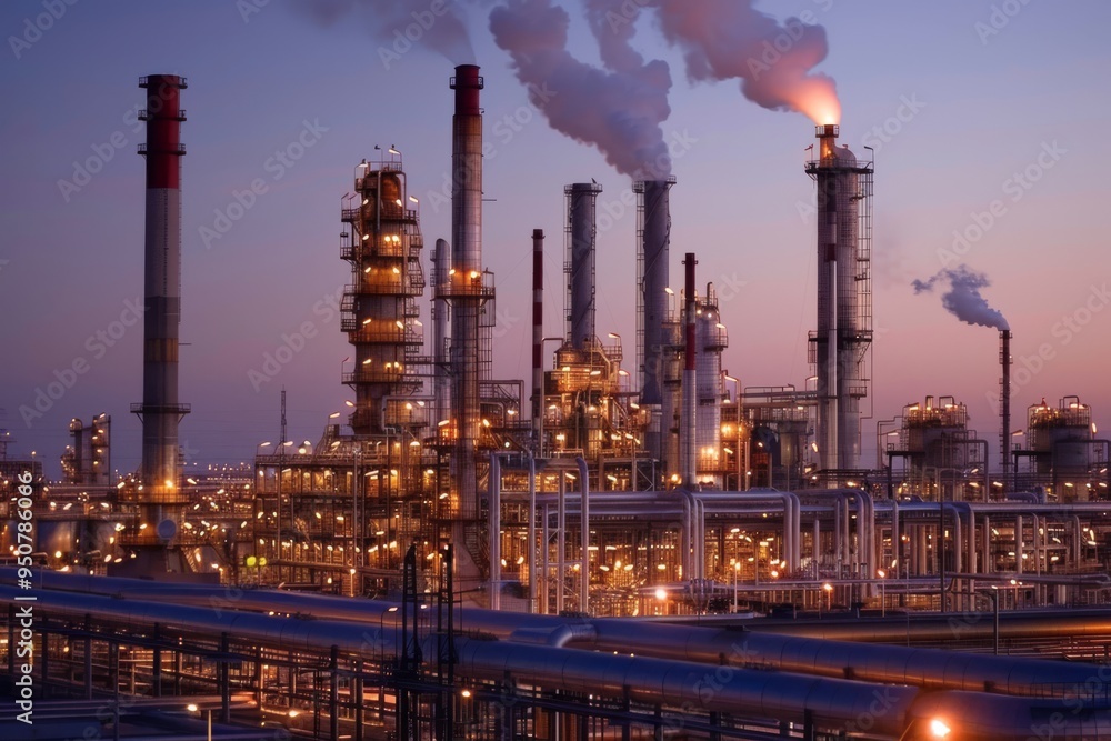 A modern oil refinery with tall chimneys and extensive piping ...