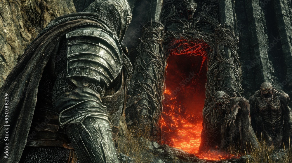 Medieval knight clad in grey armor encounters eerie robed figures ...