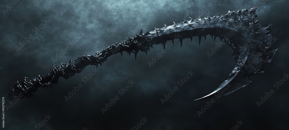 Poster, Foto A blackened scythe with a long, jagged blade, covered in ...
