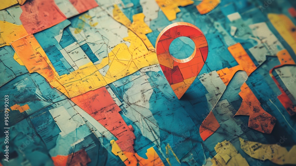 Geometric collage with location pin. Modern art with map element. Route ...