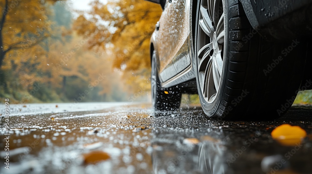 Tires gripping the road surface, showcasing traction and handling ...