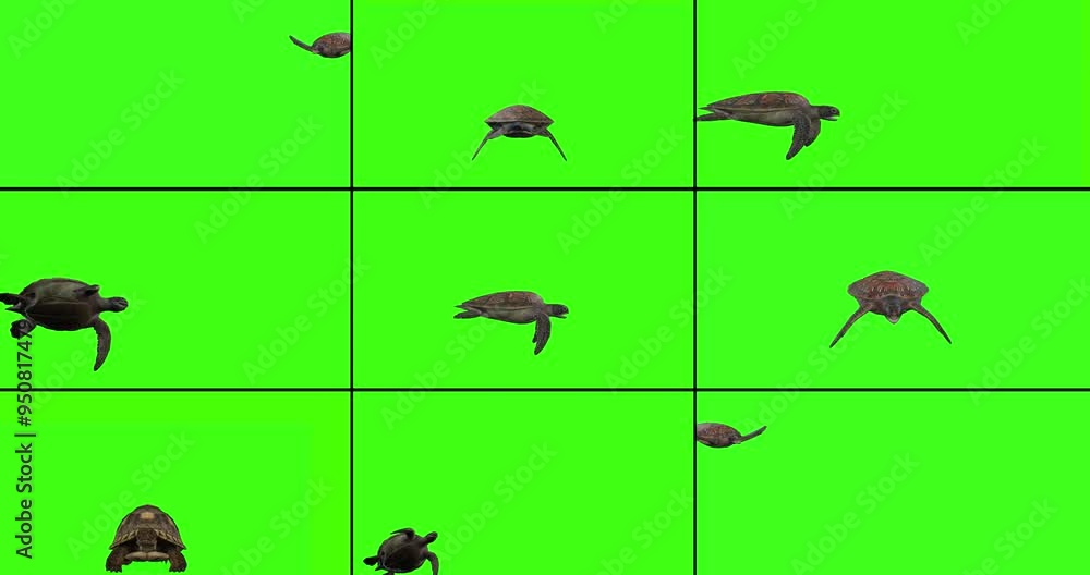 3d nine turtle swimming animation on green screen background in one ...