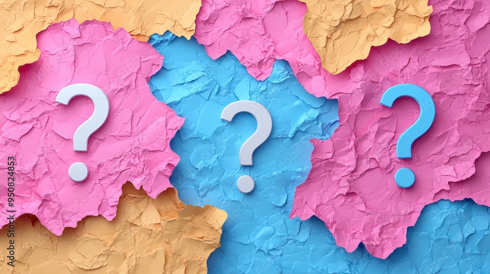 Colored crumpled paper with question marks is a background for quizzes ...