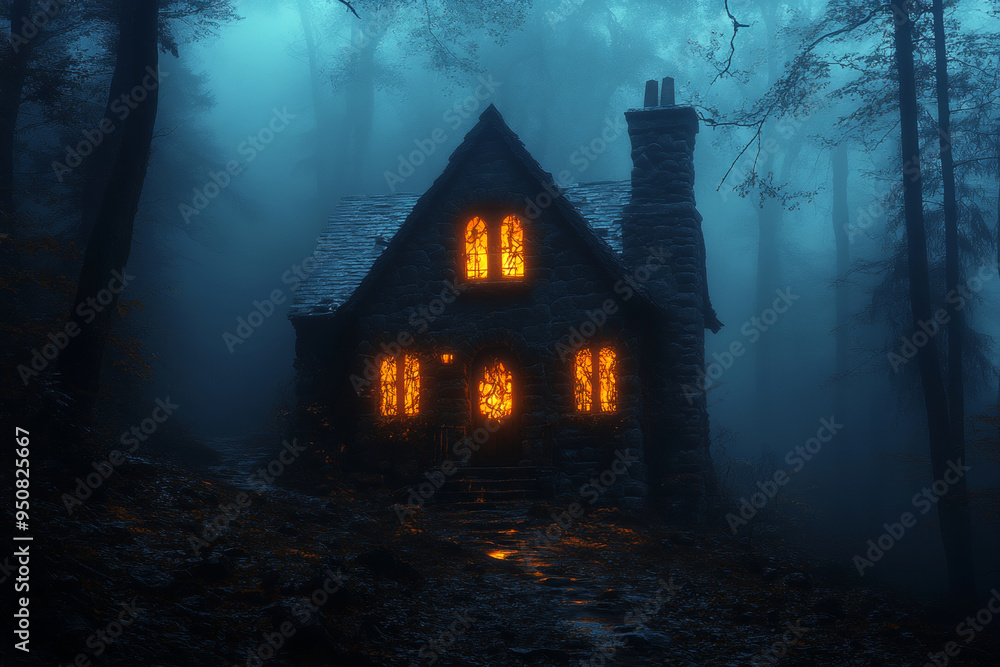 Mysterious Cottage in the Foggy Woods. A solitary stone cottage glows ...