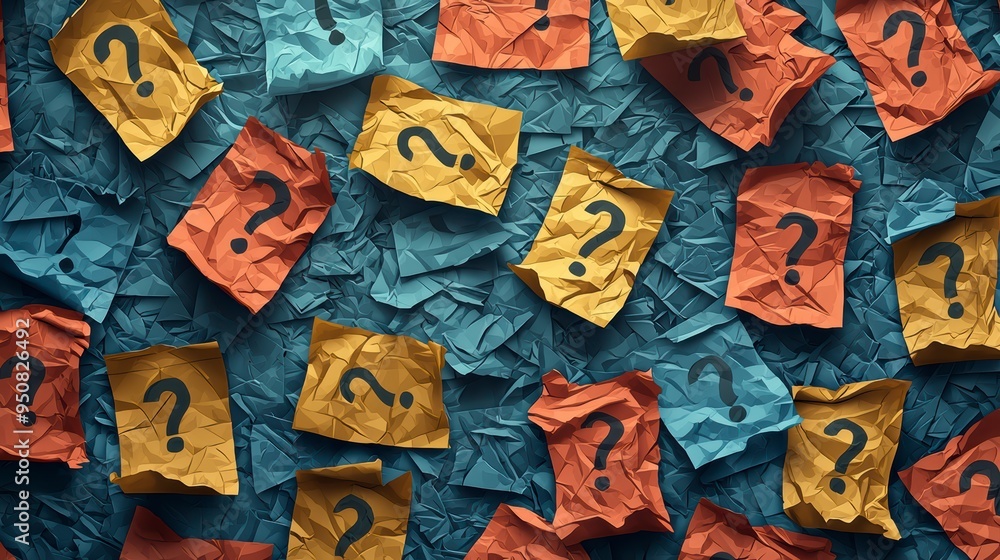 Colored crumpled paper with question marks is a background for quizzes ...
