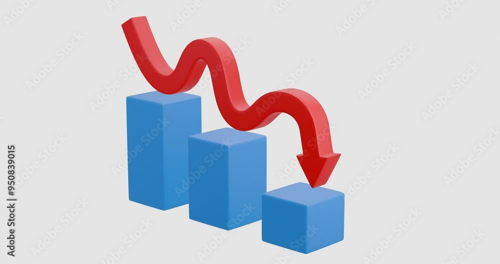 Bar chart and down arrow animation on white background, 3D animation of ...