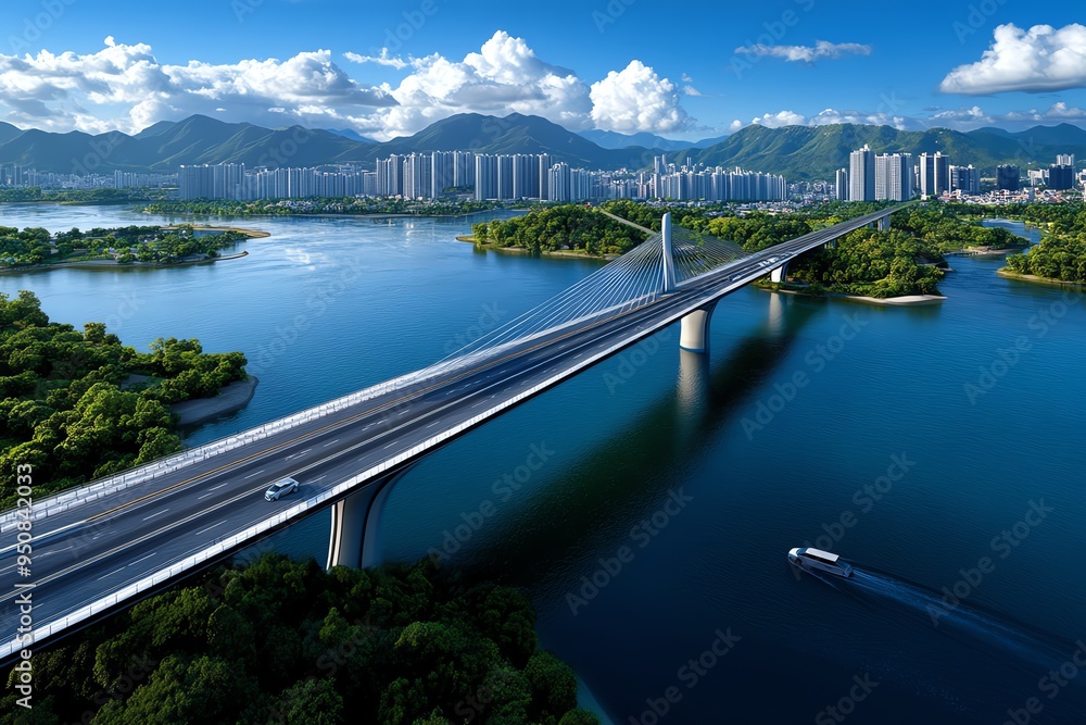 Bridge Large, Steel, and River visualized in a panoramic view where a ...