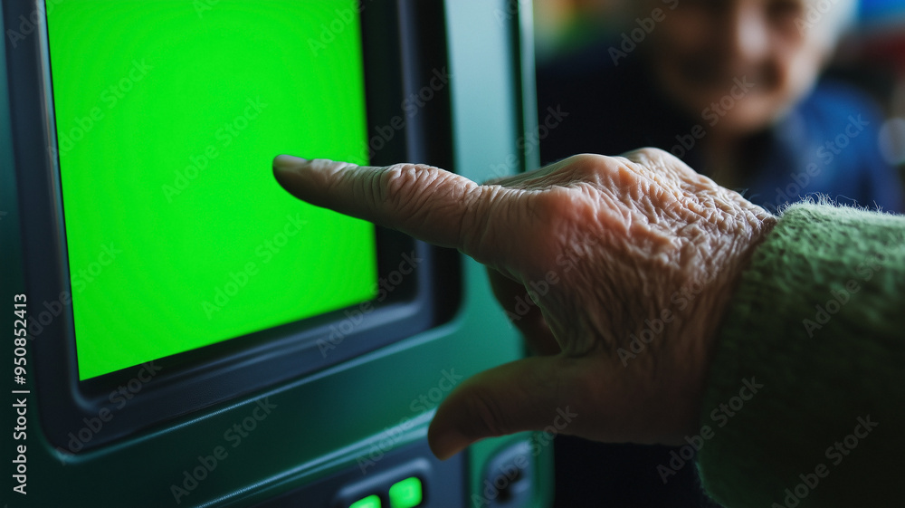 Elderly woman's hand using a touchscreen on a voting machine during a ...