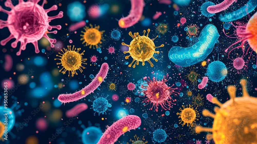 A graphic representation of germs interacting with the immune system ...