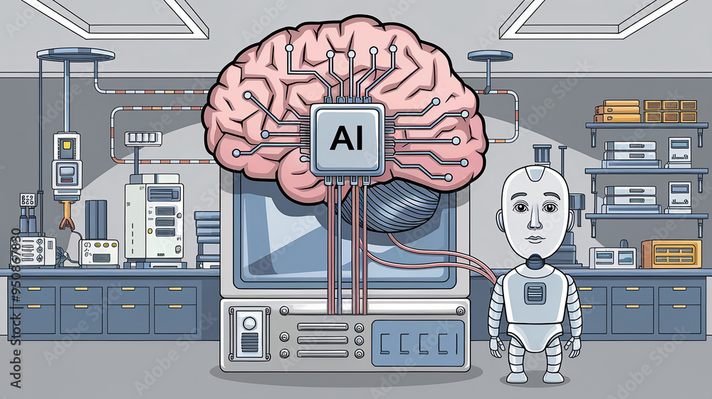 A cartoon illustration of a large brain with wires and circuits ...