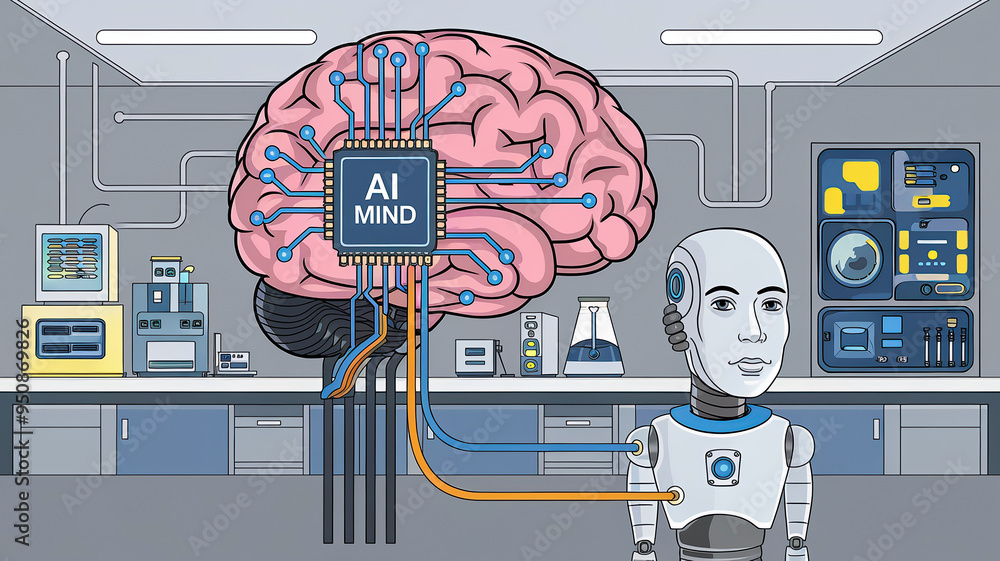A cartoon illustration of a large brain with wires and circuits ...