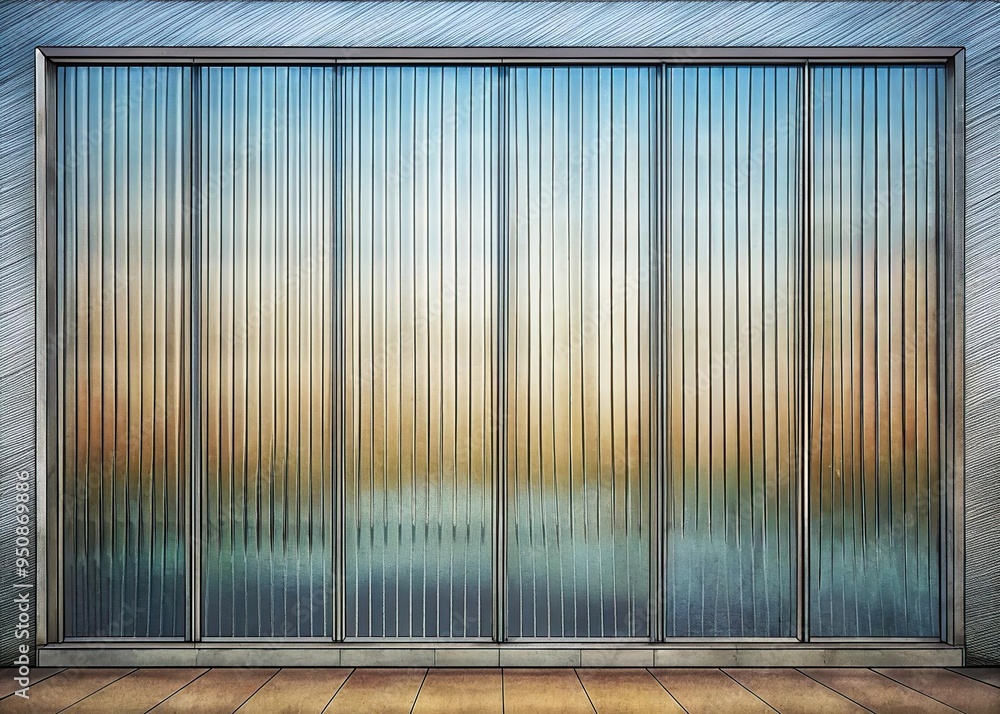 Reeded Glass Window. Waterclor blue, green colors. Vertical stripes on ...