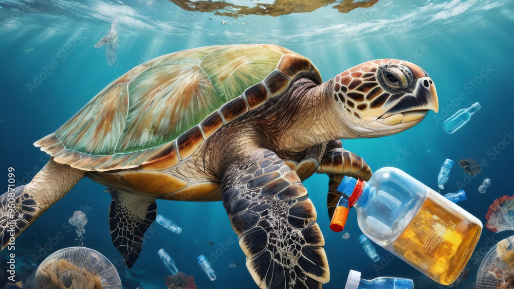 Environmental disaster, sea turtle caught with fishing net surrounded ...