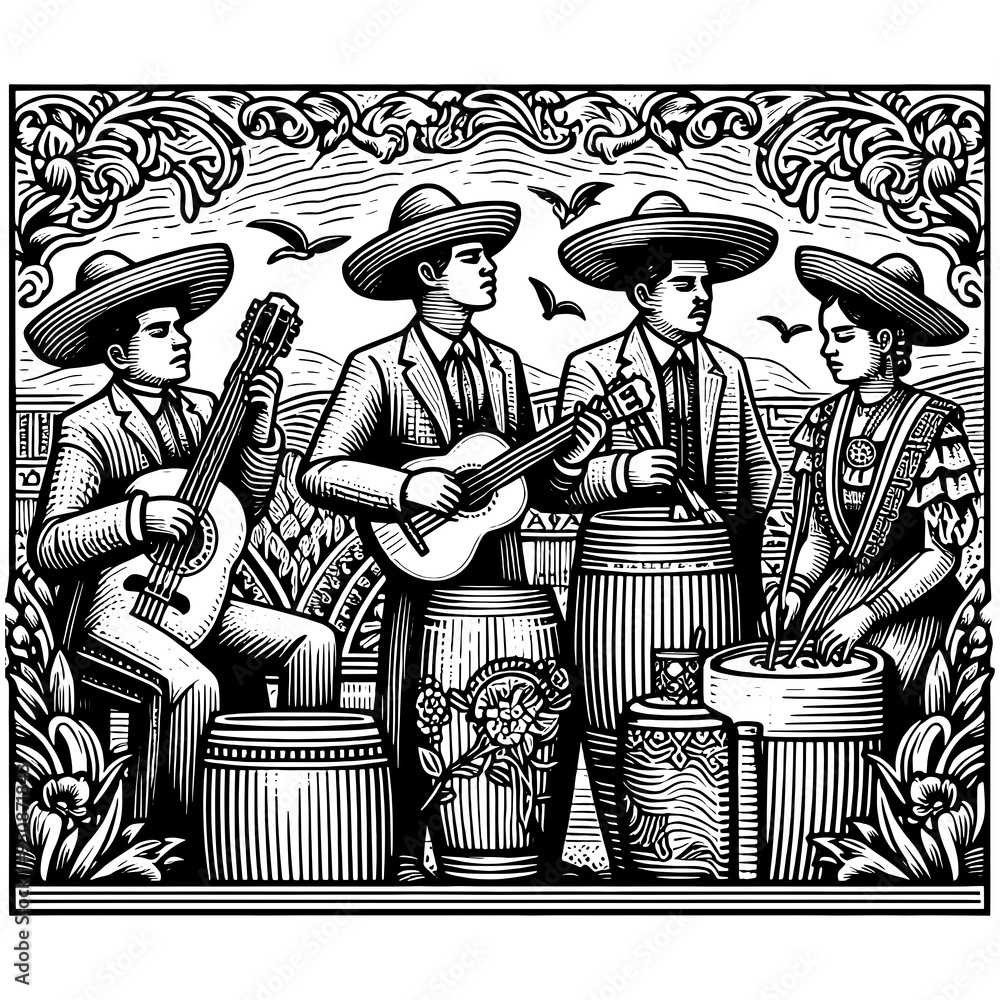 traditional Mexican folk band, musicians playing guitars and percussion ...