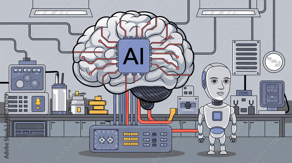 A cartoon illustration of a large brain with wires and circuits ...