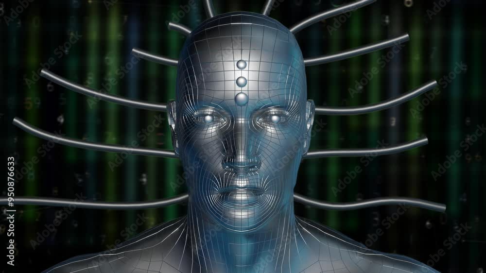 Robotic male android face with wires growing out of head. AI God ...