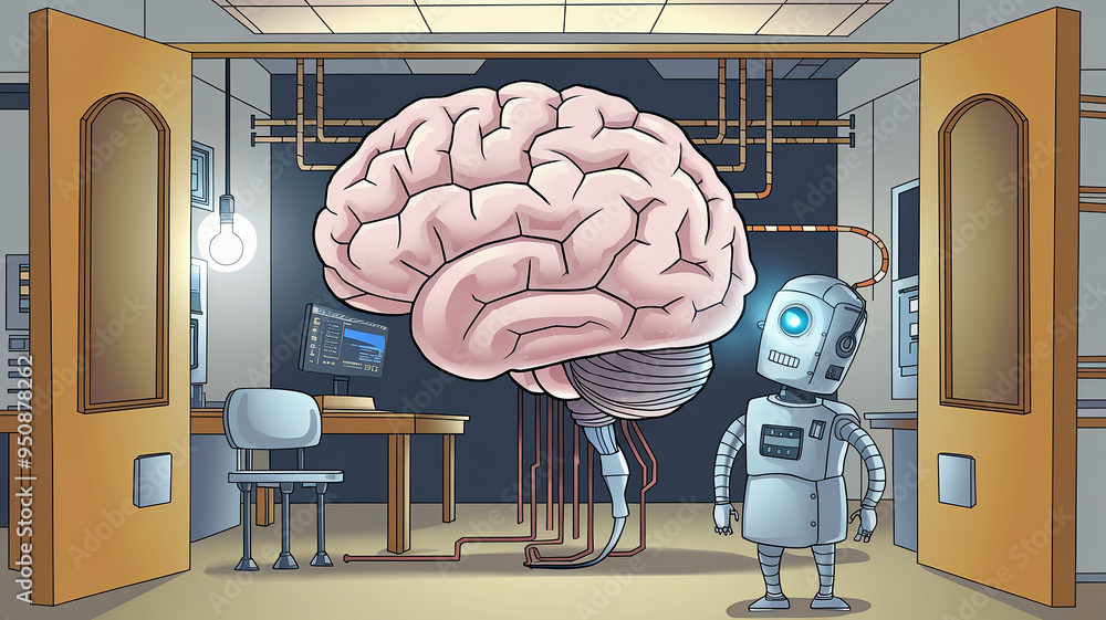 A cartoon illustration of a large brain with wires and circuits ...